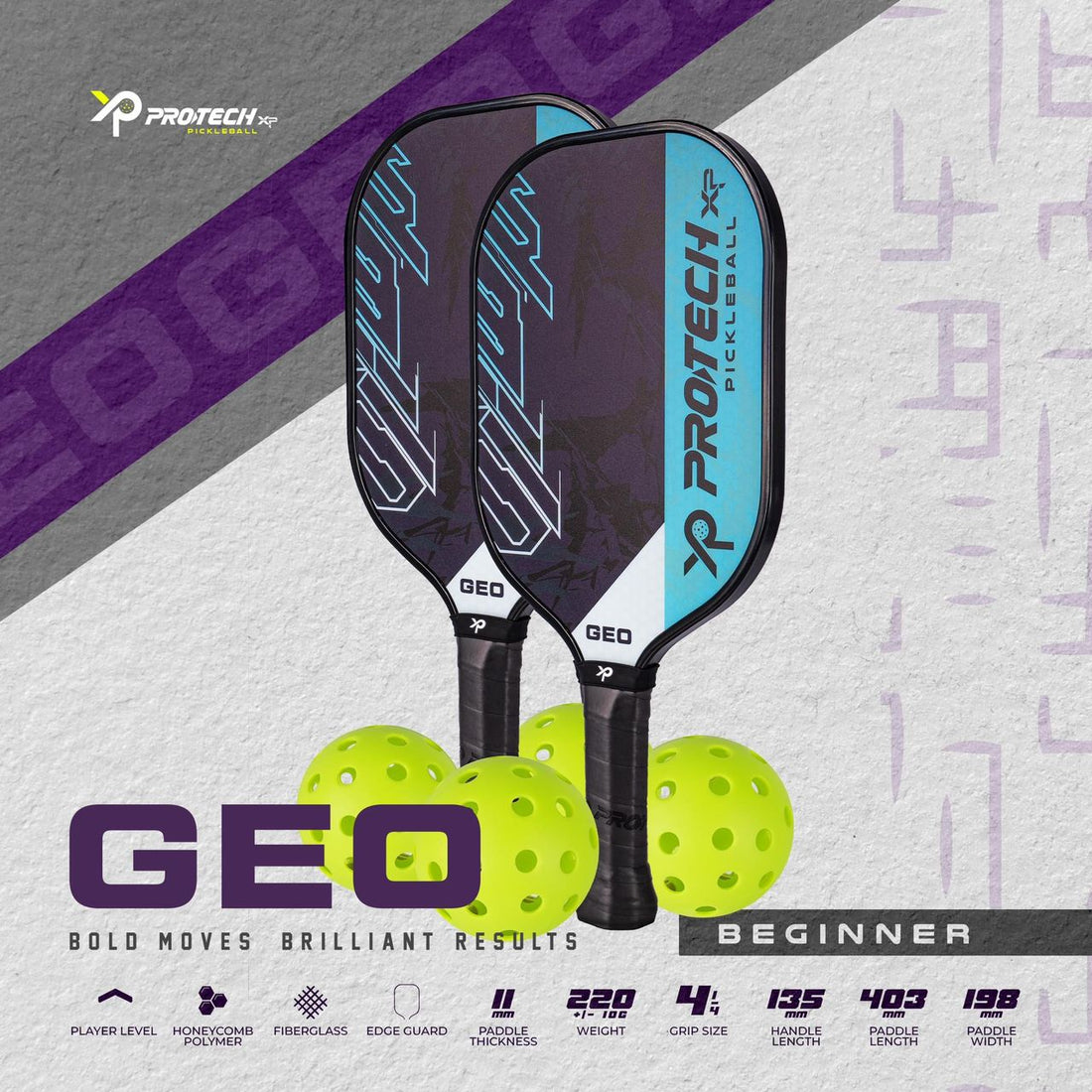 PROTECH PICKLEBALL PADDLE GEO (2 Protech Pickleball Paddles/4 Balls/1 ...